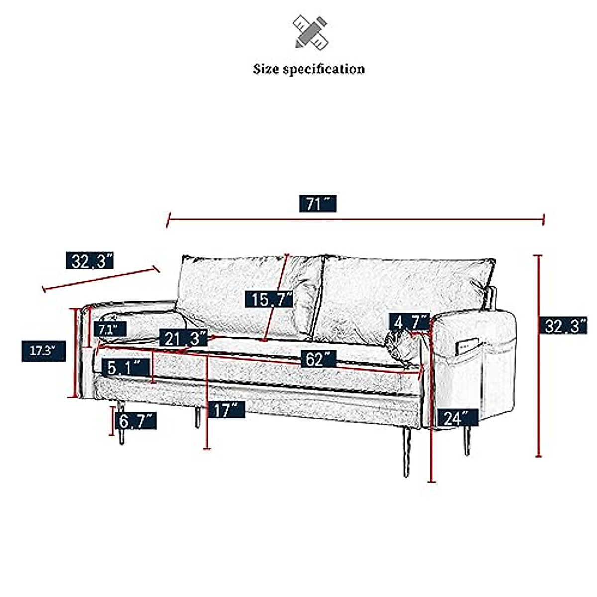 Imbesty 3-Seater Sofa for Small Space，71” Velvet Loveseat Sofa, Mid Century Futon Couch with Golden Metal Legs and Armrest Pocket, Small Couches for Living Room, Bedroom, Apartment (Blue)