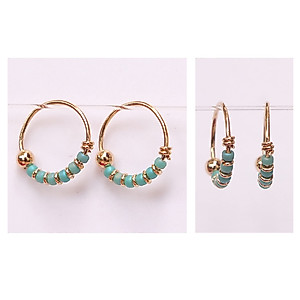 Handmade Gold Pair Small 10MM Cartilgae Helix Piercing Turquoise Beaded Hoop Earrings, Gold Plated over Sterling Silver Thin 22Gauge Beads Hoops for women, By Miya Jewelry