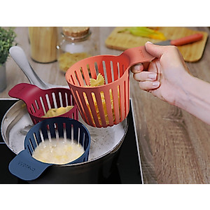 TREBONN, Cookin’ Pod 3 Piece Set, Single Portion Slotted Strainers for Pasta and Vegetables, Everyday Use, Coral Purple Blue-Gray, 1 Set