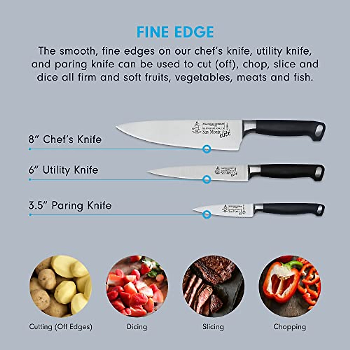 Messermeister San Moritz Starter Set - Includes 8" Stealth Chef's Knife, 6" Utility Knife & 3.5" Paring Knife - Rust Resistant & Easy to Maintain