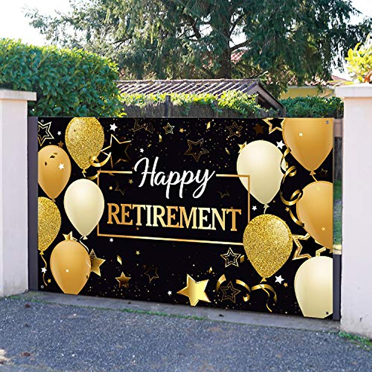 Happy Retirement Party Decorations, Extra Large Fabric Black and Gold Happy Retirement Sign Banner Photo Booth Backdrop Background with Rope for Retirement Party Favor, 70.8 x 43.3 Inch