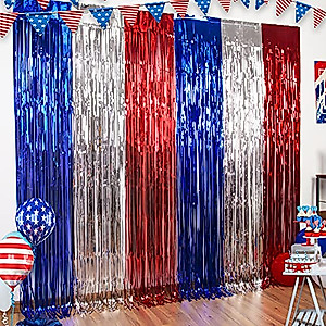 LOLStar 4th of July Decorations,Red White and Blue 3 Pack Tinsel Foil Fringe Curtains,4th of July Photo Booth Prop Streamer Backdrop for America Patriotic Party,Memorial Day,Independence Day,Labor Day