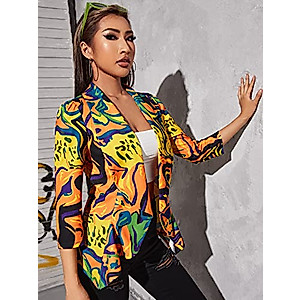 WDIRARA Women's Printed Open Front 3/4 Sleeve Blazer Ruffle Jacket Outerwear Printed Yellow L