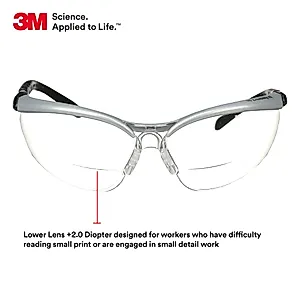 3M Safety Glasses with Readers, BX, +2.0, ANSI Z87, Anti-Fog Anti-Scratch Clear Lens, Silver Frame, Adjustable Length Temples and Lens Angle