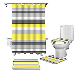 Singingin Shower Curtain Set with Bathroom Rugs and Mats Geometric Stripes Yellow Grey Bathroom Rugs Set 4 Piece,Non-Slip Rugs,Toilet Lid Cover and Bath Mat,Waterproof Shower Curtain for Tub