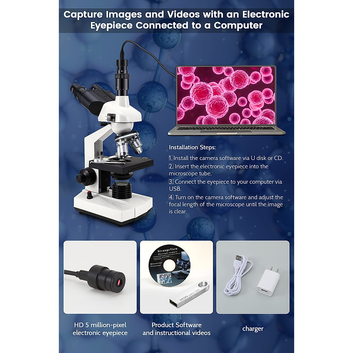 Crspexil 40X-5000X Compound trinocular Microscopes trinocular fo Adults, with 5.0 mp Camera with Microscope Slides 30p, Microscope Accessories, Microscopes Abbe Condenser