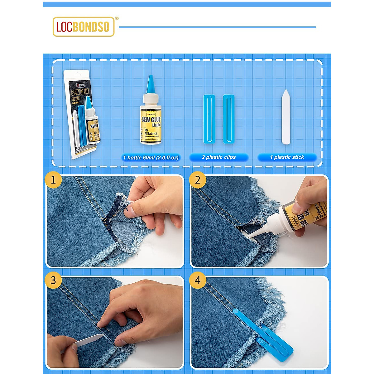 LOCBONDSO 1 Min Fast Dry Sew Glue Liquid Quick Bonding Reinforcing Fabric Adhesives DIY Speedy Fix for Denim Cotton Flannel Clothes Tent Curtain Leather Sofa Cover Polyester Gloves Doll Repair
