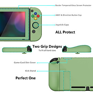 PlayVital AlterGrips Ergonomic Grips Cover for Nintendo Switch, [2 Design] Interchangeable Comfort Dockable Protective Case with Screen Protector & Thumb Grip Buttons Caps - Matcha Green