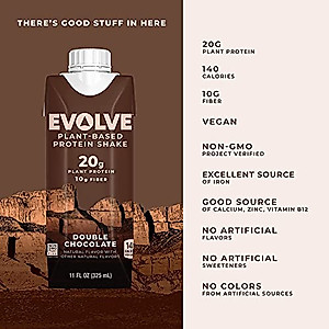 Evolve Plant Based Protein Shake, Double Chocolate, 20g Vegan Protein, Dairy Free, No Artificial Sweeteners, Non-GMO, 10g Fiber, 11 Fl Oz (Pack of 12) - (Formula May Vary)