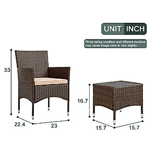FDW Outdoor Patio Furniture Set,3 Pieces Wicker Bistro Set Outdoor Patio Set Rattan Chair Conversation Sets Patio Sofa Wicker Table Set for Yard Backyard Lawn Porch Poolside Balcony,Khaki Cushion