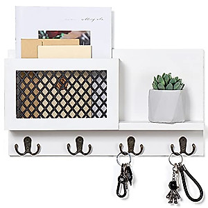 Key and Mail Holder for Wall Decorative - Rustic Mail Organizer Wall Mount, Wooden Letter Sorter Organizer with 4 Key Rack Hooks for Hallway Kitchen Farmhouse Decor (16.5” x 9.1” x 3.4”) (White)