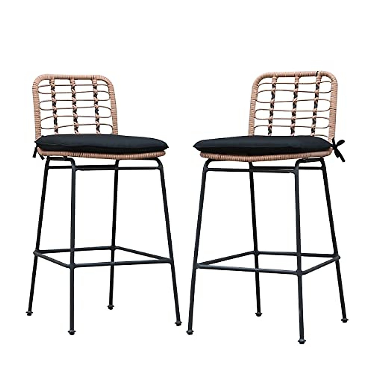 Patiorama Outdoor Bar Stools Set of 2, Patio Counter Height Stools & Bar Chairs w/Footrest, Hand-Woven Armless Beige Rattan Bar Set Patio Furniture for Garden,Pool, Indoor,Cafe,Kitchen(Black Cushion)