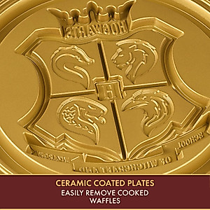 Warner Brothers Harry Potter Round Waffle Maker by Select Brands - Ceramic Coated Cooking Plates - Imprints Hogwarts Crest on Waffles, Black and Gold, WBH-250WM