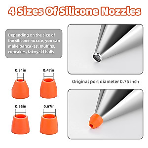 Shoxil 20oz Pancake Batter Dispenser, Multi-Caliber Stainless Steel Funnel Cake Dispenser with Stand Great for Pancakes, Cupcakes or Any Baked Goods