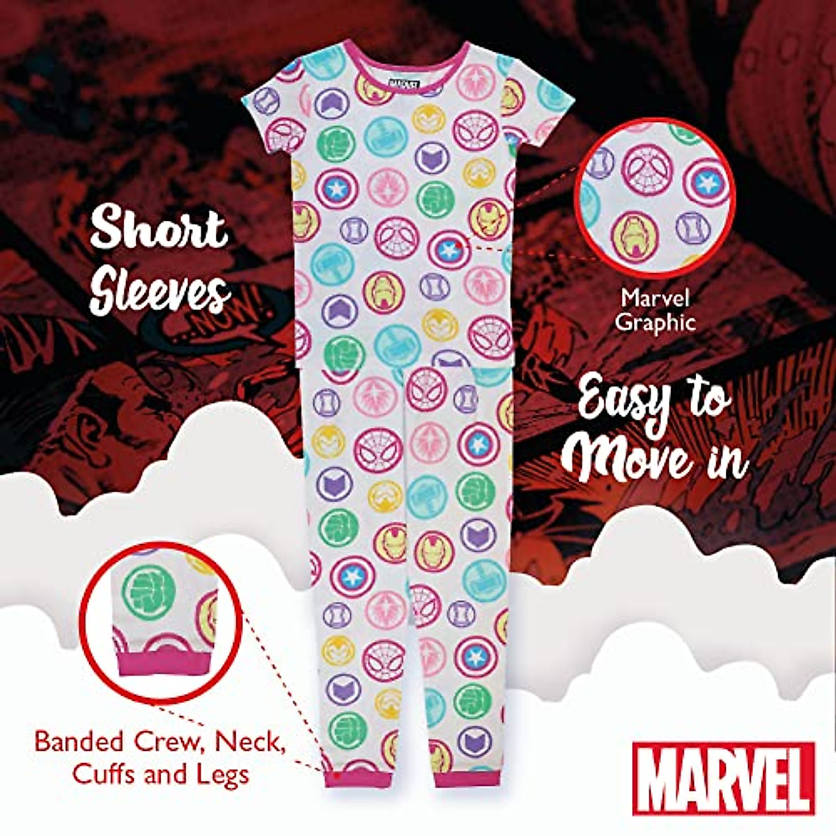 Marvel Girls' 2-Piece Snug-Fit Cotton Pajama Set, MARVEL ICONS, 8
