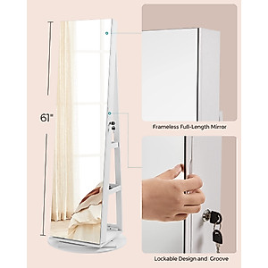 SONGMICS 6 LEDs Lockable Mirror Jewelry Cabinet, 360° Swivel Jewelry Organizer, Standing Jewelry Armoire, Frameless Full-Length Mirror, 3 Storage Shelves,Christmas Gifts, White Surface,