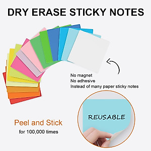 HOHI LINE Dry Erase Reusable Colorful Square 4x4 Self-Stick Notes Pads Sticky Post it Notes Magnetic Whiteboard Markers with Erasers (4"x4", Colorful 15pcs Note Pad)