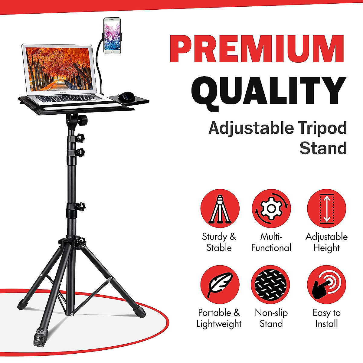WTC Projector Stand, Laptop Tripod Stand Adjustable Height 22.5 inch to 63 inch with Gooseneck Phone Holder with Mouse Tray, Portable Projector Stand Tripod for Outdoor Movies- DJ Racks Holder Mount
