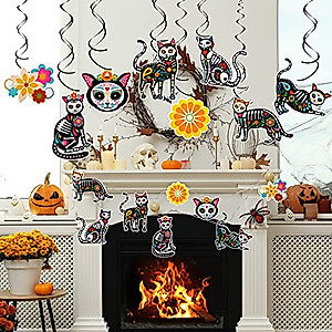 30 Pcs Day of The Dead Decorations Mexican Skeleton Cat Swirl Hanging Ornaments DIY Sugar Skeleton Cat Cutouts for Halloween Cinco De Mayo Dia De Muertos Party Supplies