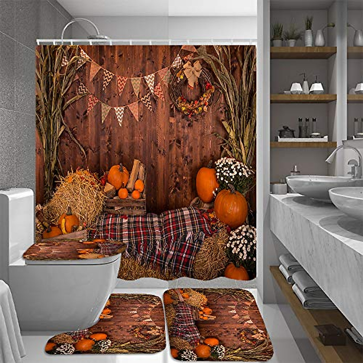 4Pcs Rustic Banner Pumpkins Farmhouse Shower Curtain Set with Non-Slip Rugs, Toilet Lid Cover Bath Mat, Pumpkins Maple Leaves Shower Curtain with 12 Hooks for Bathroom (Rustic Banner Pumpkins)