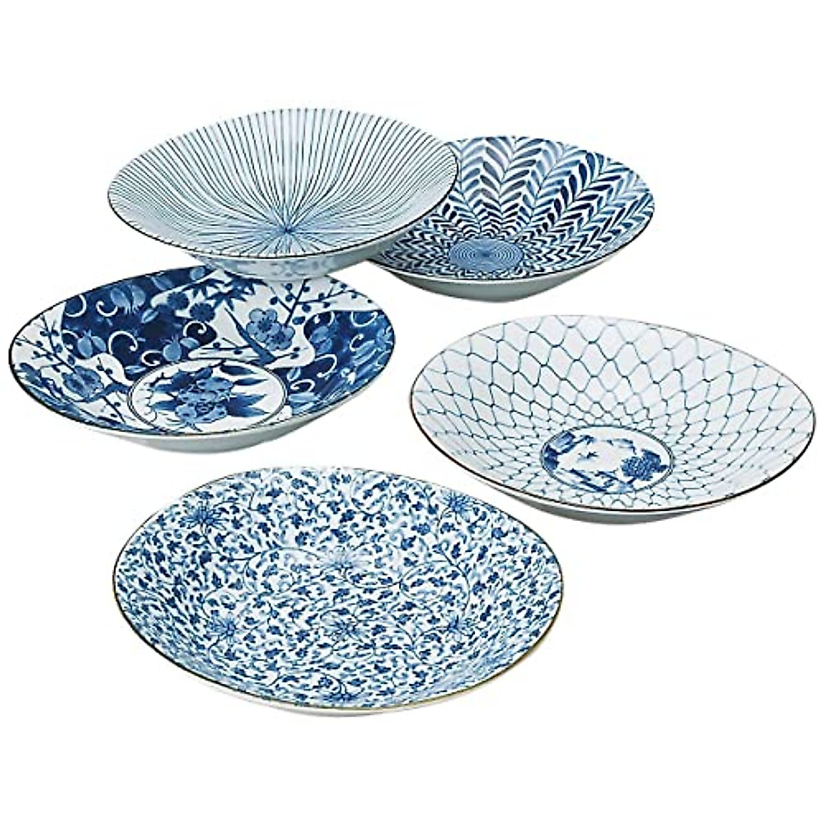 Liphontcta Traditional Japanese Ai-e (Ukiyo-e) Indigo Patterns Porcelain Plates (5 Plates Set) 31302 from Japan