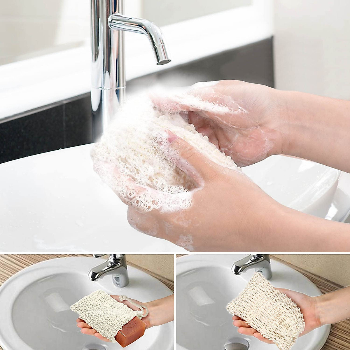 E-Know Soap Bag, 5 Pack Natural Sisal Soap Saver, Zero Waste Plastic-Free Soap Net, Foaming and Drying The Soap, Massage, Peeling