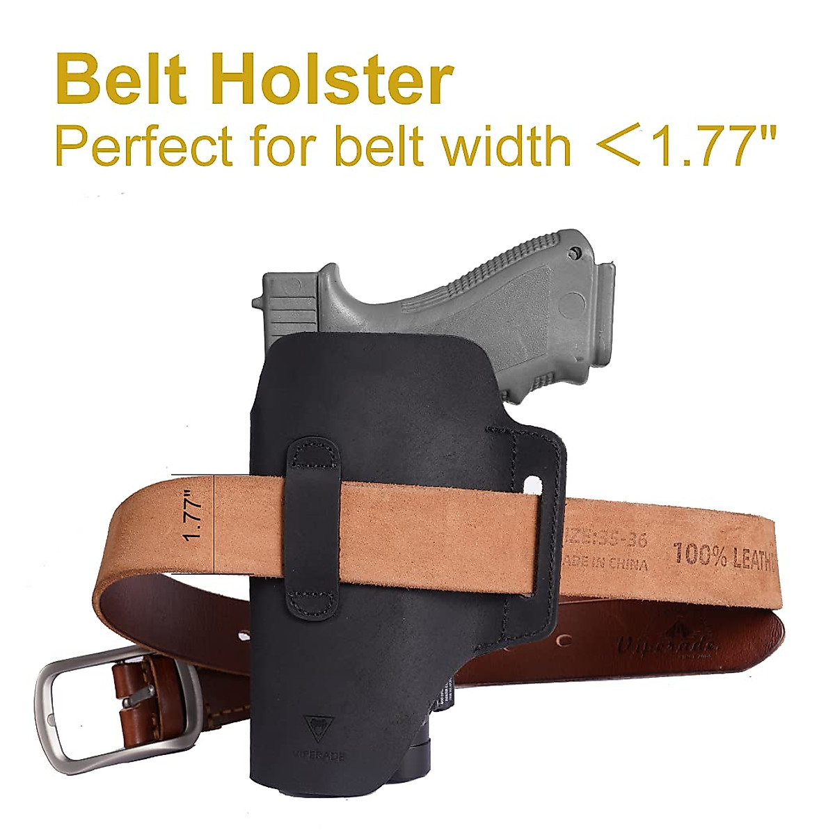 VIPERADE PJ21 Gun Holster, Universal Leather Holster Fits Gun with Laser or Light, Holster for Glock 19, 17, Smith and Wesson Shield, Sig Sauer, Right Handed Outside Waistband Holster (Black)