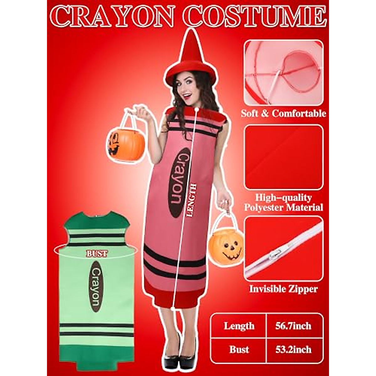 Xtinmee 4 Set Crayon Costume for Adults, Halloween Crayon Fancy Dress Funny Outfit for Halloween Cosplay Dress up, One Size (Yellow, Red, Green, Blue)