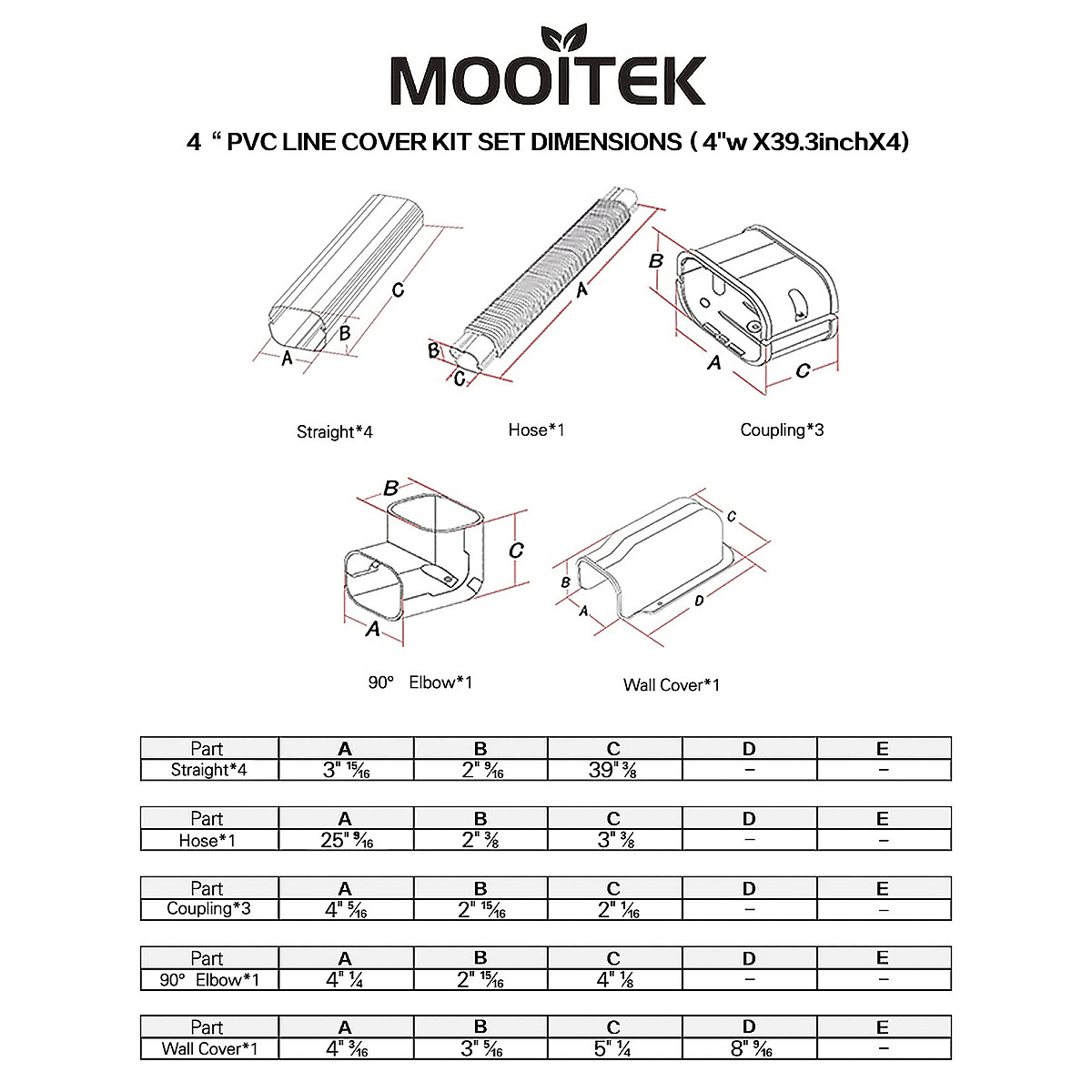 MOOITEK 4" 16.5Ft PVC Decorative Line Set Cover Kit for Ductless Mini Split Air Conditioners Heat Pump System and Central AC(Total Length 16.5Ft), White