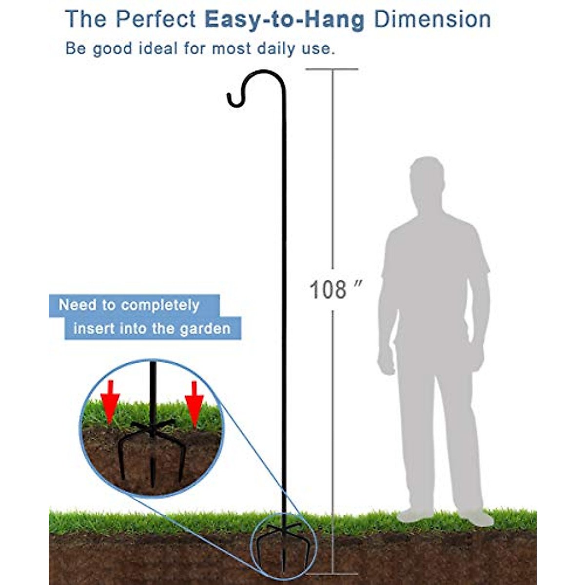 Artigarden 108 inch Outdoor Shepherd Hook with 5 Prong Base (1 Pack), Adjustable Heavy Duty Garden Hanging Stake for Bird Feeder Solar Light Plant Hanger Wedding Decor, Matte Black