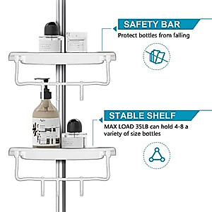 DYN Ptah Shower Caddy Corner - 5-Tier 95-116 Inch Rustproof Adjustable, Stainless Steel Tension Pole Shower Caddy Corner for Bathroom Storage, White