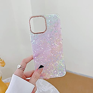 YeLoveHaw Designed for iPhone 14 Pro Case for Women Girls, Pink Purple Pearly-Lustre Shell, Colorful Glitter Powder Leopard Print, Slim Hard Protective Cover for iPhone 14Pro (Shiny Leopard)