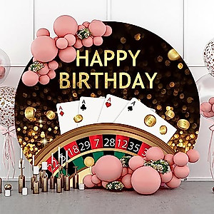 AWERT Polyester Diameter 6.5ft Happy Birthday Round Backdrop Las Vegas Casino Night Themed Dice Poker Chips Gold Coins Photography Background Men Boys Birthday Party Theme Party Decoration Supplies