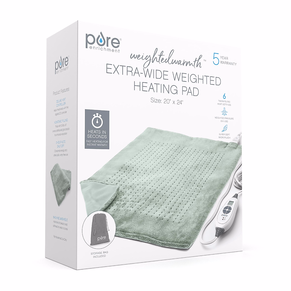 Pure Enrichment WeightedWarmth Extra-Wide Weighted Heating Pad for Cramps, Back, & Shoulder Joint Relief, 3.5 lbs, 6 Heat Settings, Microplush, Machine Washable, 2 Hr Auto Shut-Off, 20”x24” (Jade)