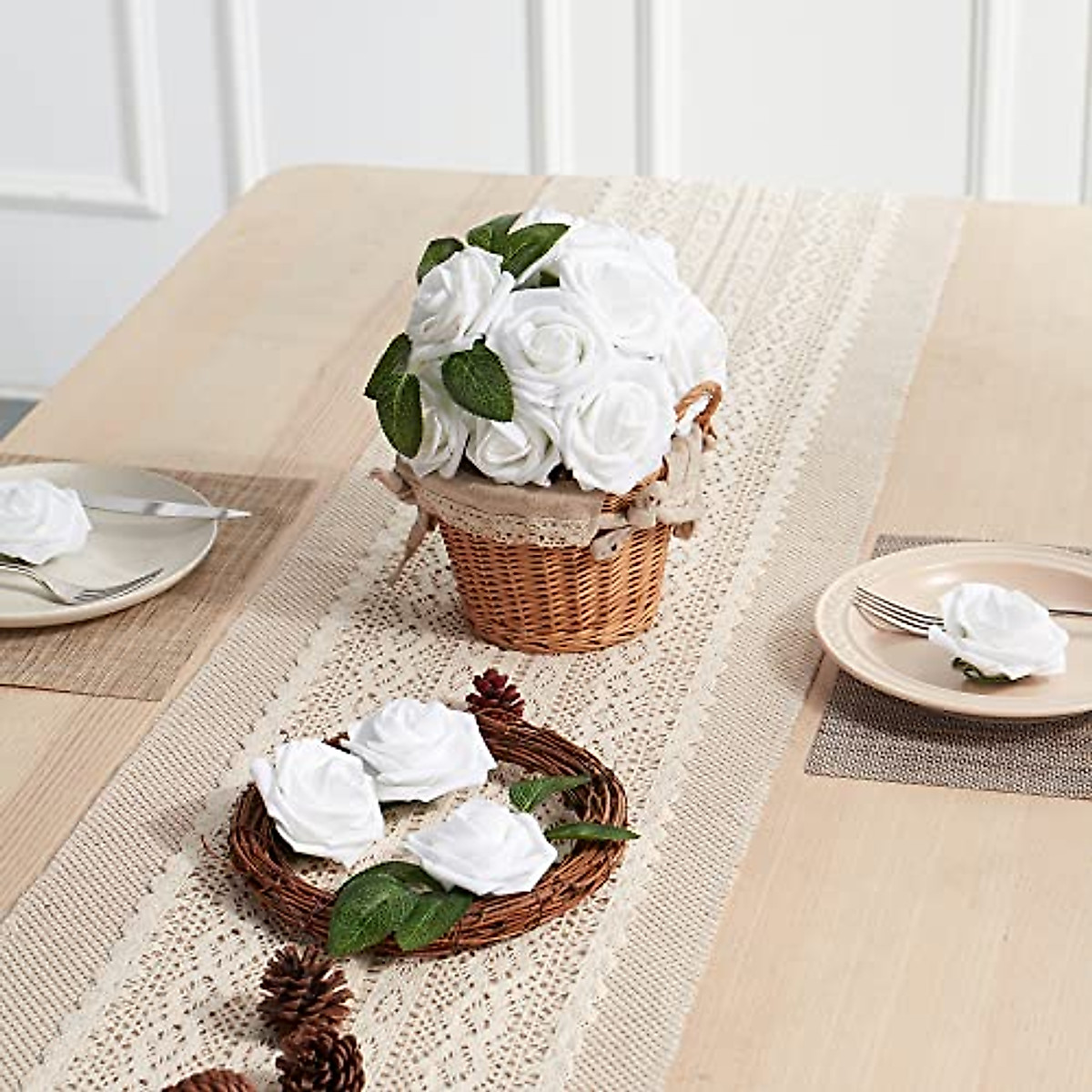 H.FLOLAVIDA White Foam Rose Artificial Flowers Heads with Stems, 25pcs Fake Flowers for DIY Wedding Decor, Baby Shower, Bridal Shower, Wedding Bouquet,Party Centerpiece Table Decorations