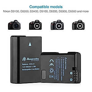 Powerextra 2 x EN-EL14 EN-EL14a Battery & Dual LCD Charger Compatible with Nikon D3100 D3200 D3300 D3400 D3500 D5100 D5200 D5300 D5500 D5600 DF Coolpix P7000 P7100 P7700 P7800 Cameras