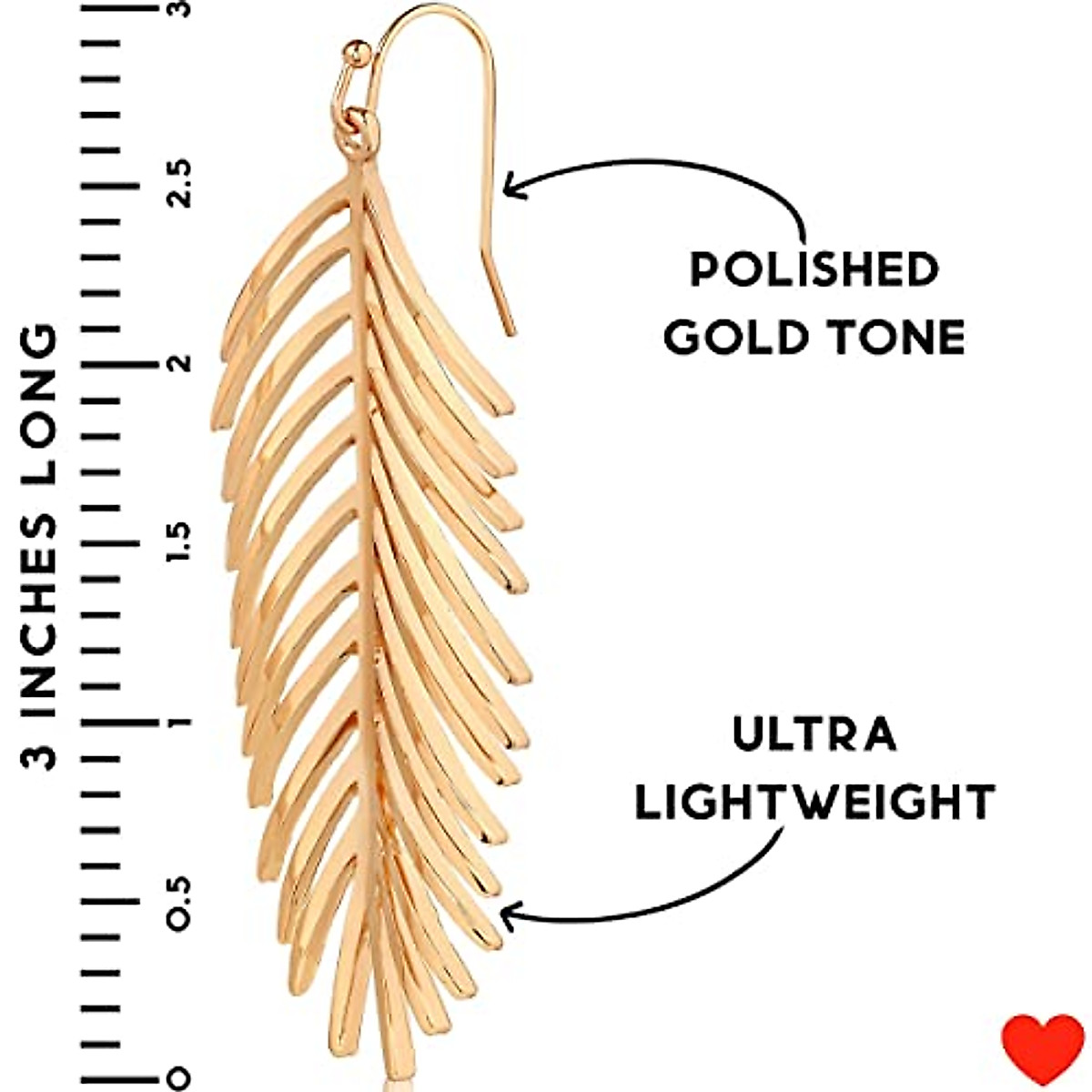 Humble Chic Palm Leaf Dangle Earrings - Long Hanging Tropical Tree Frond Drops for Women - Dangly Bohemian Lightweight Dangling Leaves, 3" inch - Gold