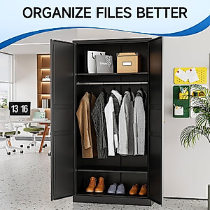 heycode Armoire Wardrobe Closet，72" Metal Clothing Storage Cabinets，with 2 Doors 2 Shelves Steel Wardrobe Storage，for Studio, Classroom, Garage, Gym Clothes Storage Organizer (Black, 72" H)