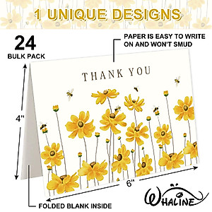 Whaline 24Pcs Floral Thank You Cards Flower Blank Greeting Cards Yellow Calliopsis Bee Note Cards with Envelopes Adhesive Stickers for Wedding Birthday Baby Shower Party Supplies, 4 x 6 Inch