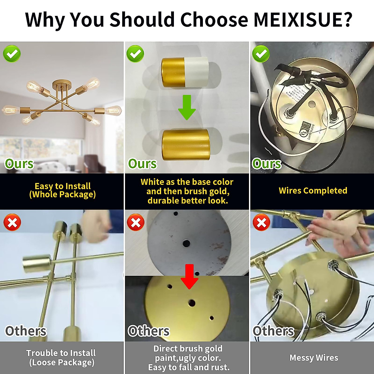 MEIXISUE Gold Modern Sputnik Chandelier Ceiling Light Fixtures,6-Lights Industrial Metal Semi Flush Mount Ceiling Light for Bedroom Dining Room Living Room Kitchen Hallway UL Listed