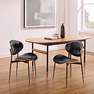 Art Leon Modern Faux Leather Dining Chairs, Mid Century Desk Chair No Wheels, Armless Accent Chair with Black Metal Legs, Set of 2, Black/Walnut