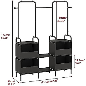 Laiensia Clothes Rack,3 Rods Portable Clothing Hanging Garment Rack,Coat and Shoe Rack with 4 Storage Shelves and 4 Storage Pockets,for Bedroom,Entryway,Living room,Black