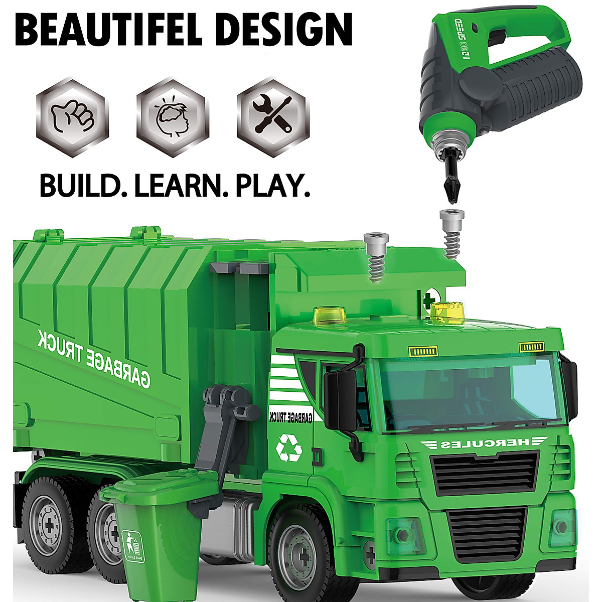 Garbage Truck Toy - 116 Pcs Friction Power Take Apart Toy STEM Toys w/Drill, Push & Go Lights & Sounds, Sanitation Trash Trucks City Vehicle Playset for Kids Toddlers Boys Ages 3 4 5 6 7 8 Years Old