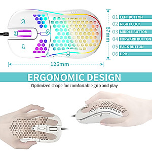 LETGOALL Lightweight Honeycomb Gaming Mouse, High Precision 7200DPI Optical Sensor, RGB Backlight, Wired, Ergonomic USB Computer Mouse for PC, Mac, Laptop (White)