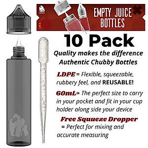 Chubby Gorilla LDPE PET Plastic Unicorn Squeeze Bottle 60ml (10 Pack) Dropper bottle (Transparent Black) REUSABLE, Child Resistant Cap, Easy Drip Tip Applicator Dropper Bottles with Squeeze Dropper