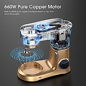 Sisiru Stand Mixer, 660W 6+P Speed Tilt-Head Electric Kitchen Mixer with 8.5 Qt Stainless Steel Bowl Dough Hooks, Whisk, Beater and Suction Cup Bottom Splash Guard, Dishwasher Safe, Gold