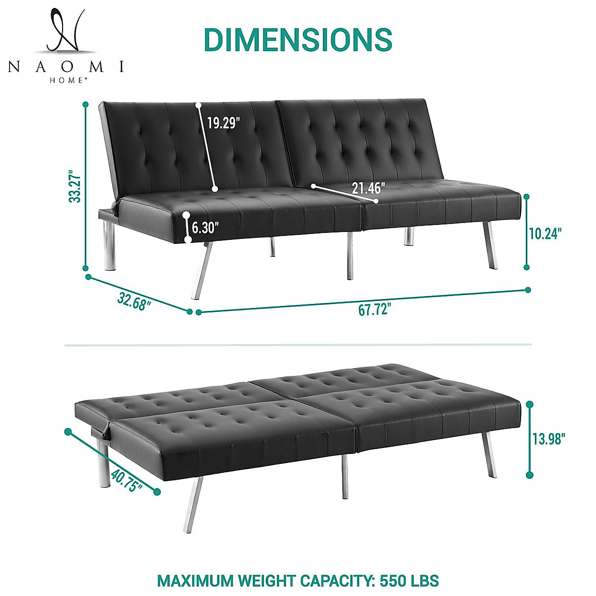 Naomi Home Tufted Split Back Futon Convertible Sofa Bed, Futon Couches for Living Room, Faux Leather Futon Couch Bed with Chrome Legs, Folding, Reclining Small Convertible Sofa Bed, Black
