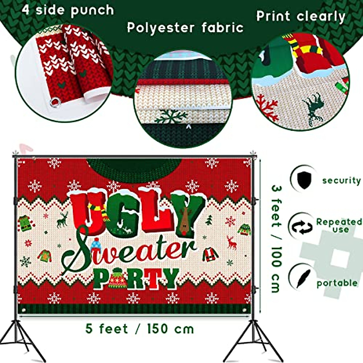 Ugly Christmas Sweater Party Decorations-Ugly Sweater Party Backdrop Supplies,5x3ft Vinyl Christmas Ugly Sweater Photo Prop Background Banner for 2022 Winter Christmas Holiday Supplies