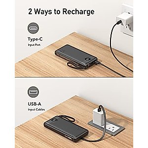 VEEKTOMX Portable Charger with Built in Cables, 10000mAh Ultra Slim Power Bank with 5 Outputs and LED Display, External Battery Compatible with iPhone/iPad/Samsung and Other Smart Devices for Travel