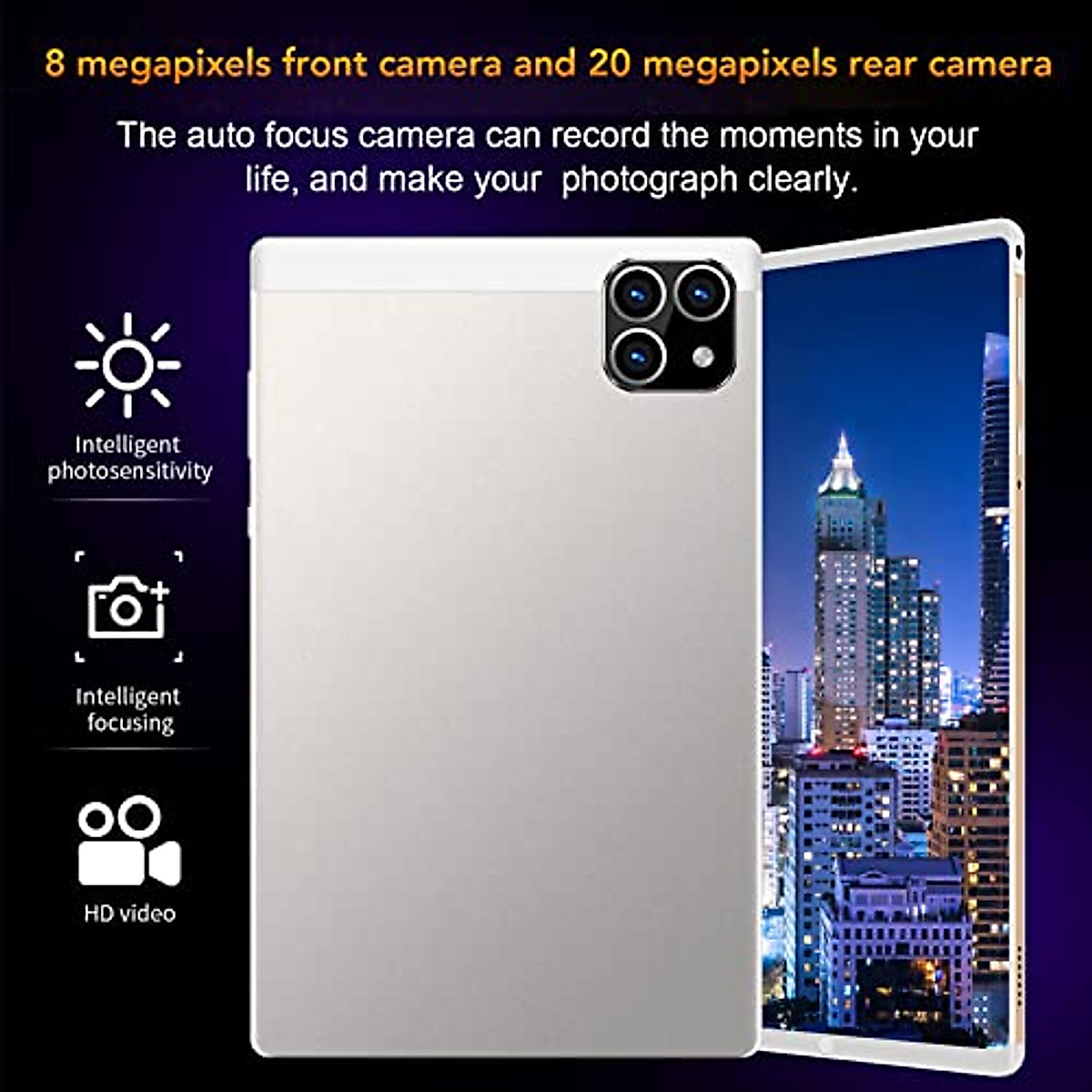 Tablet 8 inch, 4GB 64GB (Up to 128GB) Android 10.0 Tablet, Front 200w Rear 800w 1920x1200 IPS HD Display Dual Camera Tablet, Support Calls, WiFi, Octa Core Processor, Silver(US)